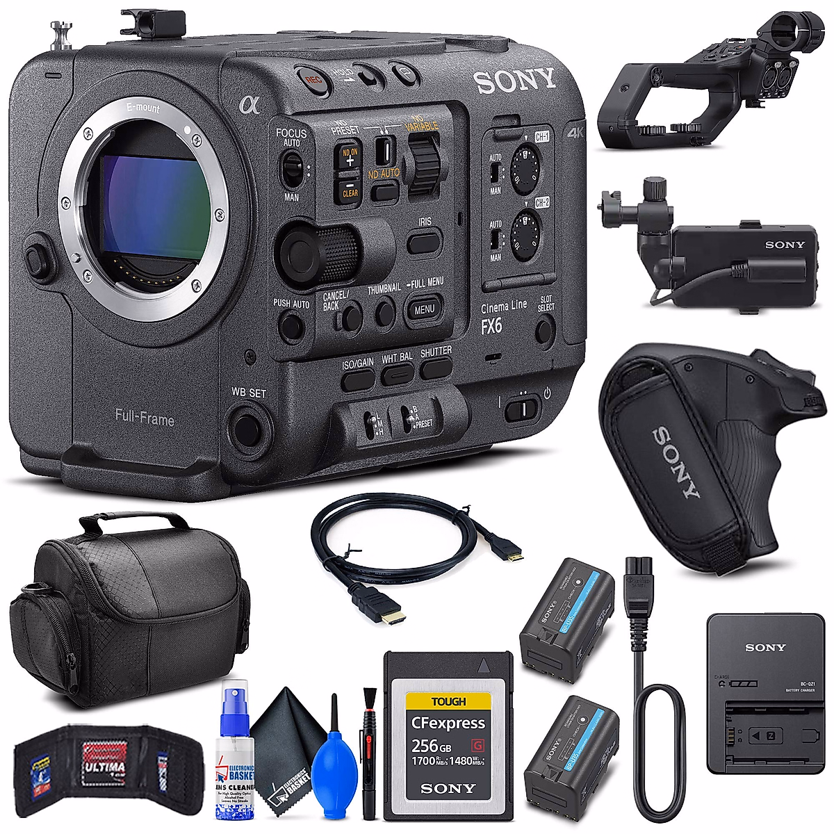 Sony FX6 Full-Frame Cinema Camera (Body Only) (ILME-FX6V) + Sony 256GB Cfexpress Card + BP-U35 Battery + Pro Case + Deluxe Cleaning Set + HDMI Cable + Memory Card Wallet + More (Renewed)