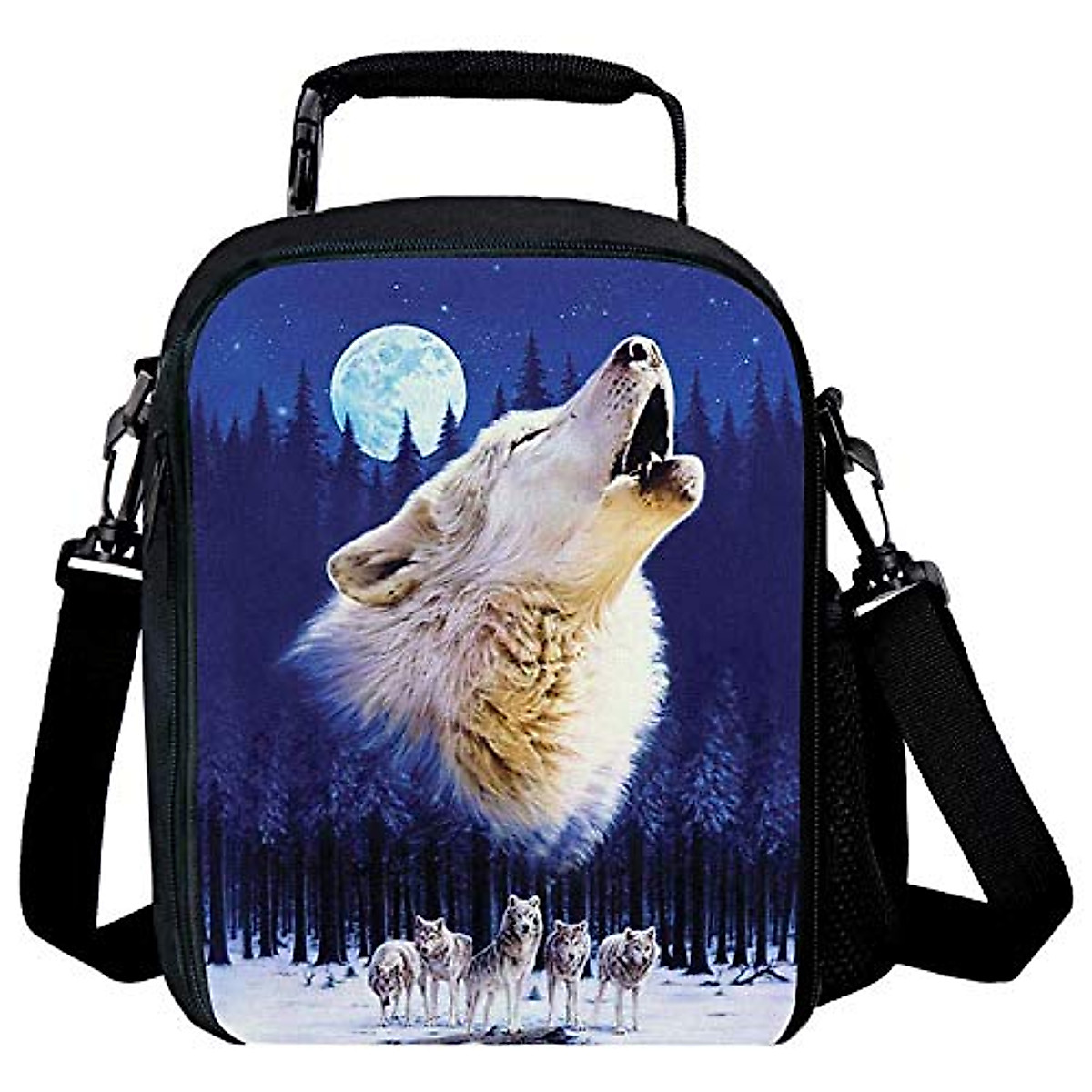 Insulating Thermal Wolf Animal Print Lunch Bags for Kids Boys Girls Washable Tote Crossbody Lunch Container Food Carrier for School Travel