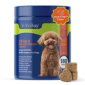 YoYoBay Dog Multivitamin Chewable Supplement - Dog Vitamins and Supplements - 180 Soft Chews, Duck & Pear Flavor - Immune & Energy Boost, Joint Support, Skin & Coat Care - Vitamins A, B, C, D, E
