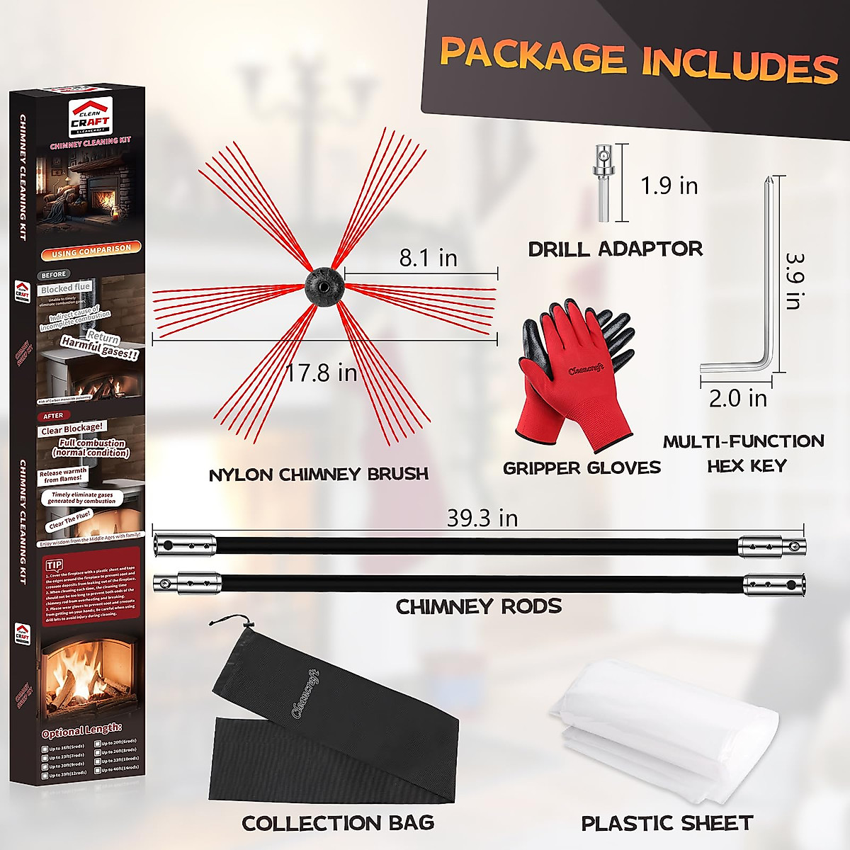 Cleancraft 39 Feet Chimney Sweep Kit, Chimney Cleaning Kit with 12 Flexible Black Chimney Rods, Chimney Brush, Rotary Chimney Cleaning System Driven by Drill