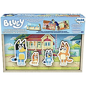 Bluey 4-Pack of Wooden 24-Piece Puzzles with Interchangeable Pieces | Bluey Birthday Party Supplies | Bluey Party Favors | Bluey Toys for Kids Ages 3+