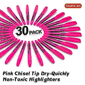 Shuttle Art Highlighters, 30 Pack Highlighters Bright Colors, Pink Colors Chisel Tip Dry-Quickly Non-Toxic Highlighter markers for Adults Kids Highlighting in the Home School Office