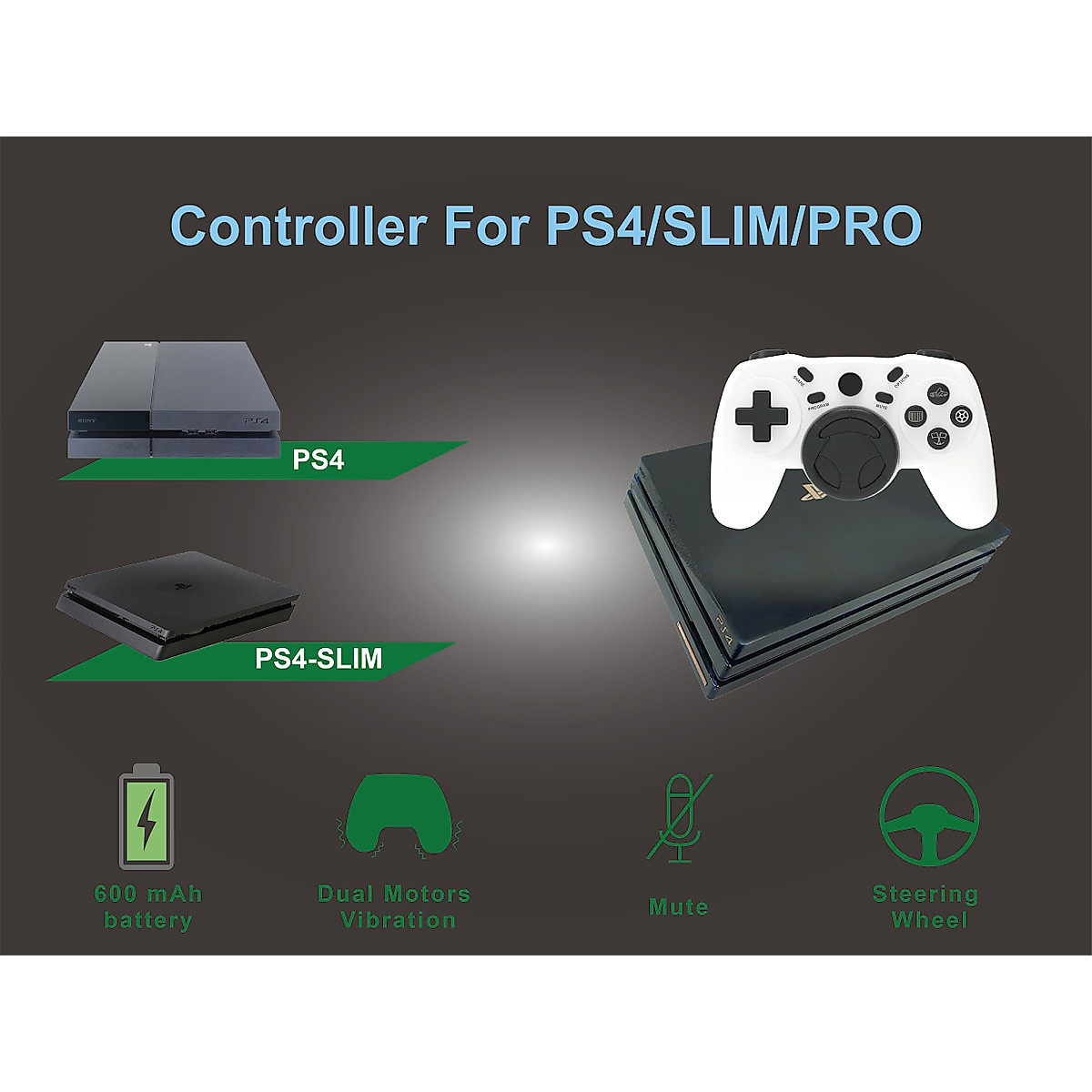 VISIONHMD Wireless Racing Wheel or Steering Wheel for PS4/PS4 SLIM/PS4 Pro,Compatible With Steam Gaming, Android and iOS,MAC,With 2 Remappable Buttons (White)