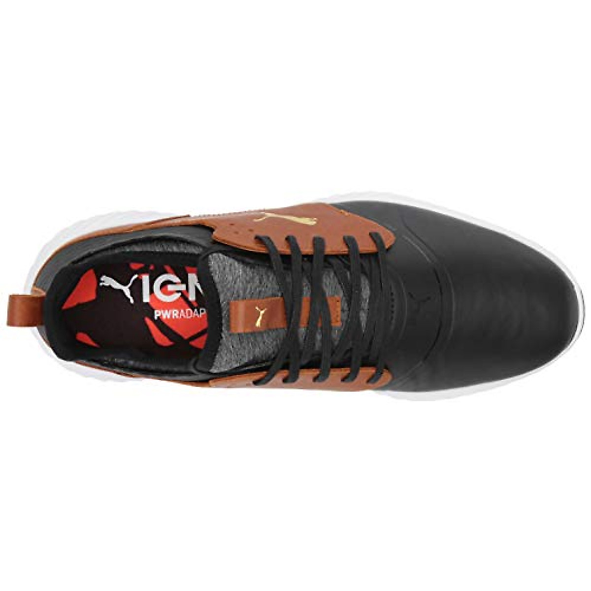 Puma Men's Ignite Pwradapt Caged Crafted Golf Shoe, Puma Black-Leather Brown-Puma Team Gold, 9