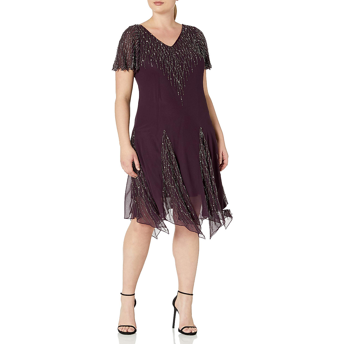 J Kara Women's Plus Size Short Beaded Godet Dress, Wine/Mercury, 20W