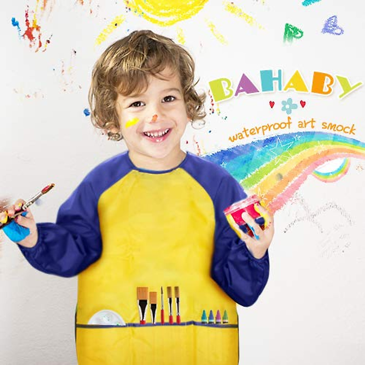 BAHABY Kids Art Smocks 4 Pack Painting Apron Waterproof Artist Smock with Long Sleeve and 3 Pockets for Age 3-8 Years