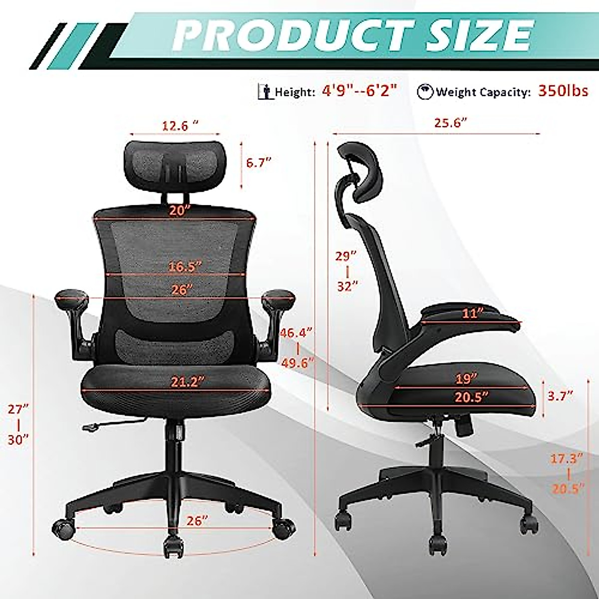 PrimeZone Home Office Desk Chair - Ergonomic Computer Chair with Adjustable Flip-Up Armrests, Tilt Function, Lumbar Support & Headrest, Task Chair for Work & Study, 350 lbs Capacity, Black