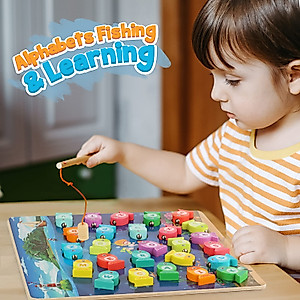 Torlam Magnetic Wooden Fishing Game Toy for Toddlers, Fine Motor Skill Toy ABC Alphabet Learning for Toddlers, Montessori Letters Cognition Preschool for Years Old Kid Early Learning with 2 Pole