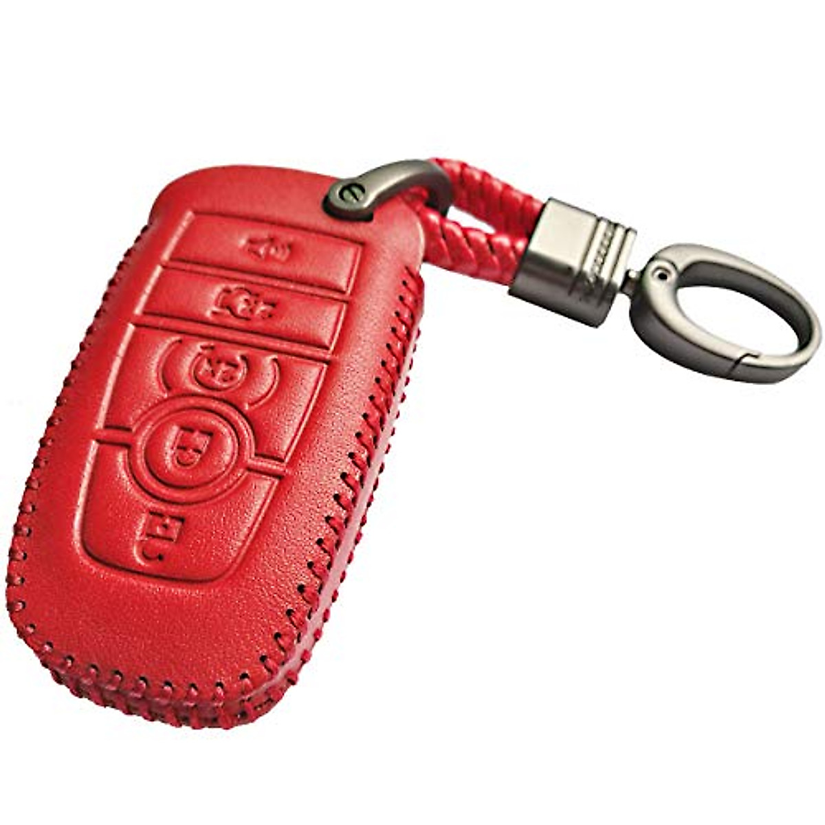 Hand Sewing Red Leather Key Cover Fob Case Protector Jacket Remote Bag For 2017 Ford Fusion F250 F350 F450 F550 Edge 2018 2019 2020 Explorer Expedition 2021 Lincoln Nautilus 5 Buttons Smart Key