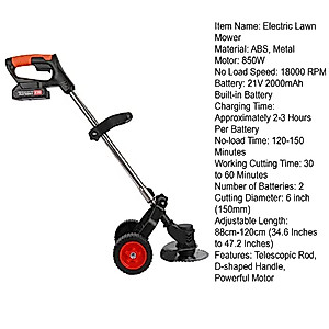 Electric Lawn Mower, 21V 2000mAh Batteries Supply Rechargeable D-Shaped Handle 2 Wheel Electric Lawn Mower 3 in 1 Brush Cutter Cordless Grass Trimmer (Black)