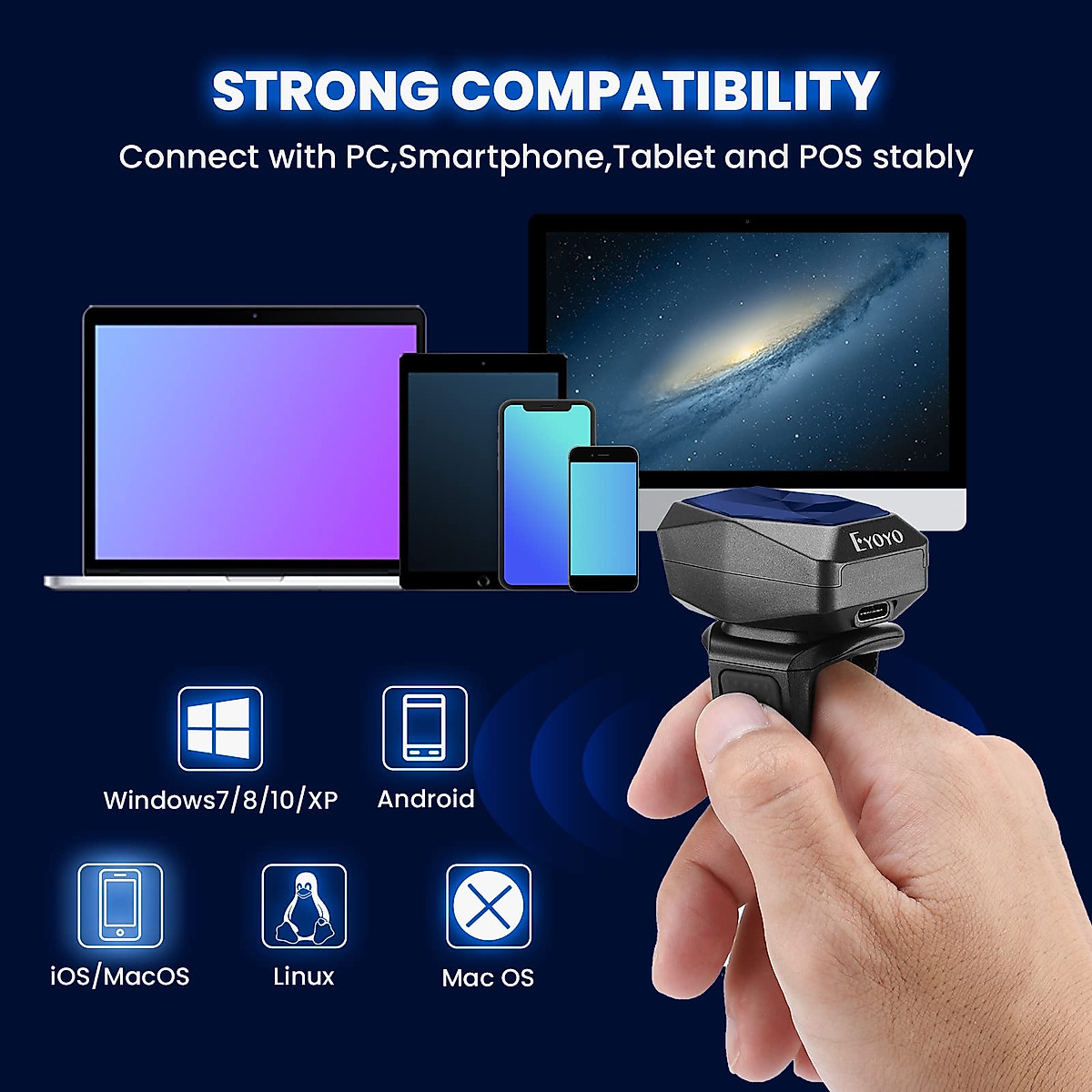 Eyoyo 2D QR Ring Barcode Scanner, Wearable Finger 3-in-1 USB Wired & 2.4G Wireless & Bluetooth Scanner, Left & Right Hand Wearable, Image 1D Warehouse Inventory Bar Code Reader for Android, iOS iPhone