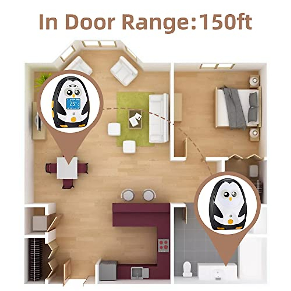 TimeFlys Audio Baby Monitor QQ Portable, Two-Way Talk, Long Range up to 1000 ft, Temperature Monitoring and Warning, Lullabies, Vibration, LCD Display, 1 Adaptor, 1 Set of Rechargeable Batteries