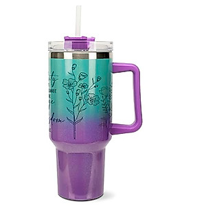 Elanze Designs Serenity Prayer Lord Grant Me Flowers 40 oz. Stainless Steel, Large Water Bottle Coffee Mug, Spill & Leak Resistant, Thermal Travel Tumbler with Handle, Lid & Straw, Teal/Purple
