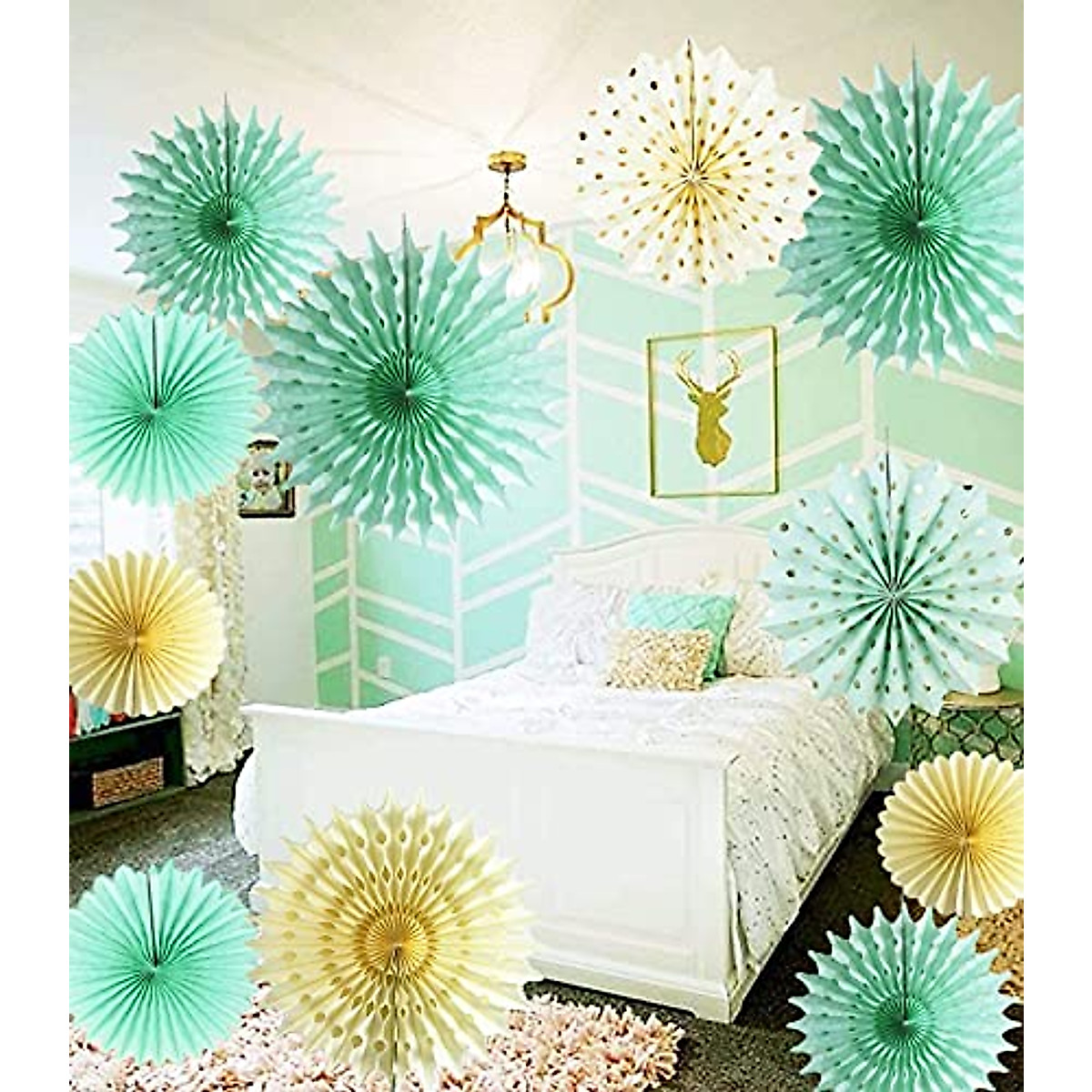 Mint Gold Birthday Decorations Mint Cream Gold Polka Dot Paper Fans for Trial Baby Shower Decorations Mint Gold Wedding/Mint First Birthday Decorations Mint Gold Bridal Shower Decorations