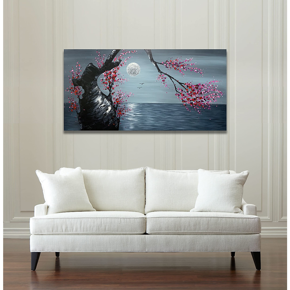 V-inspire Art, 24x48 Inch Hand-Painted Floral Artwork - Plum blossoms blooming under the moon - Chinese Paintings Canvas Wall art for Living room On Bedroom Ready to Hang