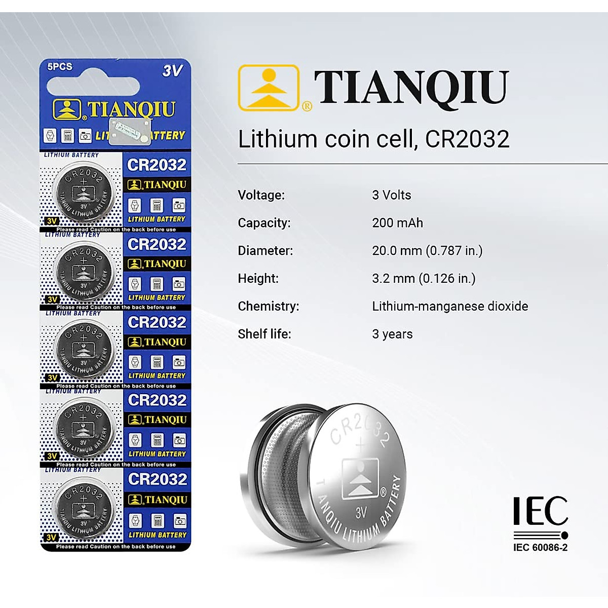 TIANQIU 2032 Battery (CR2032/ DL2032/ E-CR2032/ SB-T51/ LF1/ 2V) Lithium 3v (1 Pack of 5)