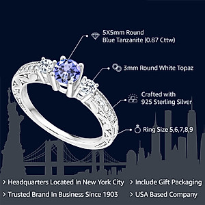 Gem Stone King 925 Sterling Silver Blue Tanzanite and White Topaz Engagement Ring For Women (0.87 Cttw, Round Gemstone Birthstone, Available in size 5, 6, 7, 8, 9)