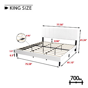 alazyhome Upholstered King Size White Platform Bed Frame with Velvet Upholstered Headboard Wooden Slats Support No Box Spring Needed Easy Assembly