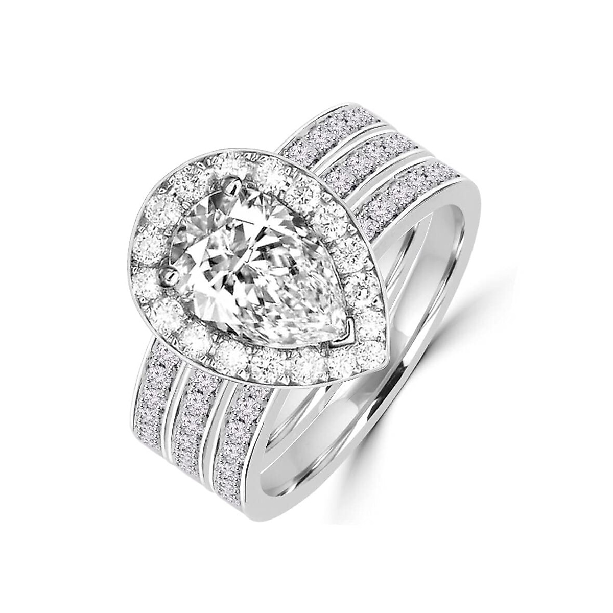 Diamonbella Realistic Simulated Diamond Pear Shaped Halo Ring Double Band Set 2 Carat Solid 925 Silver Platinum Plated DBP65