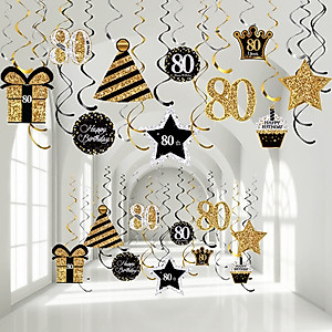 Frienda 80th Birthday Party Decorations, 80th Birthday Party Hanging Swirls Ceiling Decorations Shiny Celebration 80 Hanging Swirls Decorations for 80 Years Old Party Supplies, 30 Count