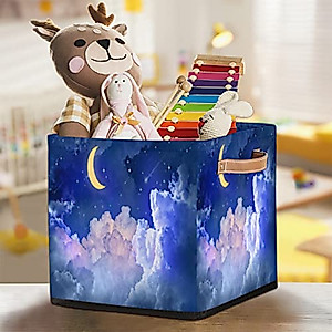 Large Collapsible Storage Bins,Night Sky with Moon Stars Decorative Canvas Fabric Storage Boxes Organizer with Handles,Cube Square Baskets Bin for Home Shelves Closet Nursery Gifts