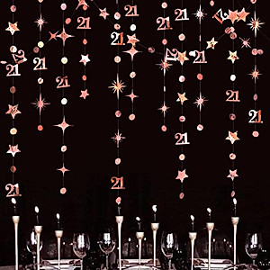 Rose Gold Number 21 Circle Dot Twinkle Star Garland Kit Metallic Hanging Streamer Bunting Banner Backdrop Decoration for Girls 21st Birthday Finally Legal Twenty One Anniversary Wedding Party Supplies