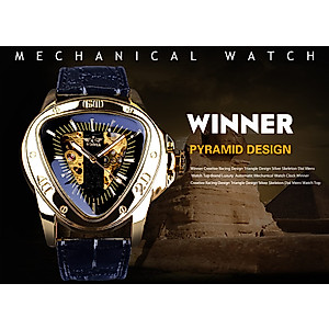 Winner Fashion Mechanical Wrist Watch Triangle Racing Dial, Waterproof Golden Skeleton Dial Automatic Movement Leather Design Mechanical Watch for Men