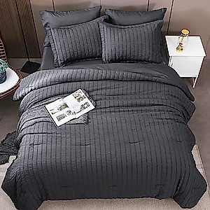 HYMOKEGE Dark Grey Queen Comforter Set Seersucker 3 Pieces, Bedding Comforter Sets for Bedroom, Bed Set with 1 Comforter and 2 Pillow Shams