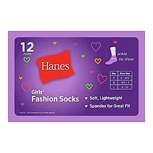 Hanes Girls' Big, Ankle and No Show Fashion, Soft Socks, 12-Pack, Ankle-Grey/Blue/Pink/Lavender-12 Pack, Medium