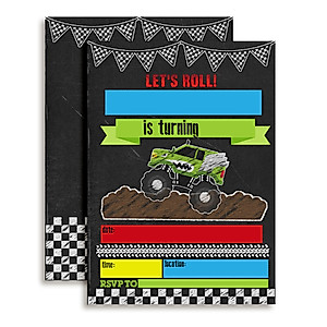 Monster Truck Chalkboard Birthday Party Invitations, 20 5x7 Fill In Cards with Twenty White Envelopes by AmandaCreation