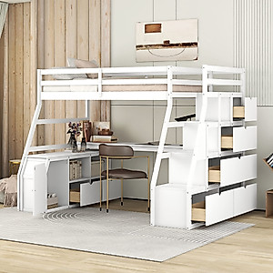 Harper & Bright Designs Twin Size Loft Bed with 5-Drawers Storage Stairway, Built-in Desk with Cabinet, 2 Drawers and Shelves, Full Length Guardrail Twin Loft Bed Frame, White