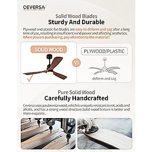 Ceversa 52 Inch Solid Wood Ceiling Fan with Light and Remote Control, 3 Blades Modern Ceiling Fan Walnut Craftmade Quiet for Living Room Bedroom Farmhouse Indoor Outdoor Balcony