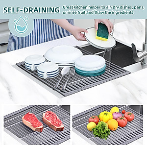 Ohuhu Over Sink Dish Drying Rack 17.6" L x 15.4" W Large Roll Up Drainer Foldable Rolling Mat Dryer Roll Out RV Drain - Silicone Coated Steel Multipurpose Space Saving for Kitchen Counter Anti-Slip