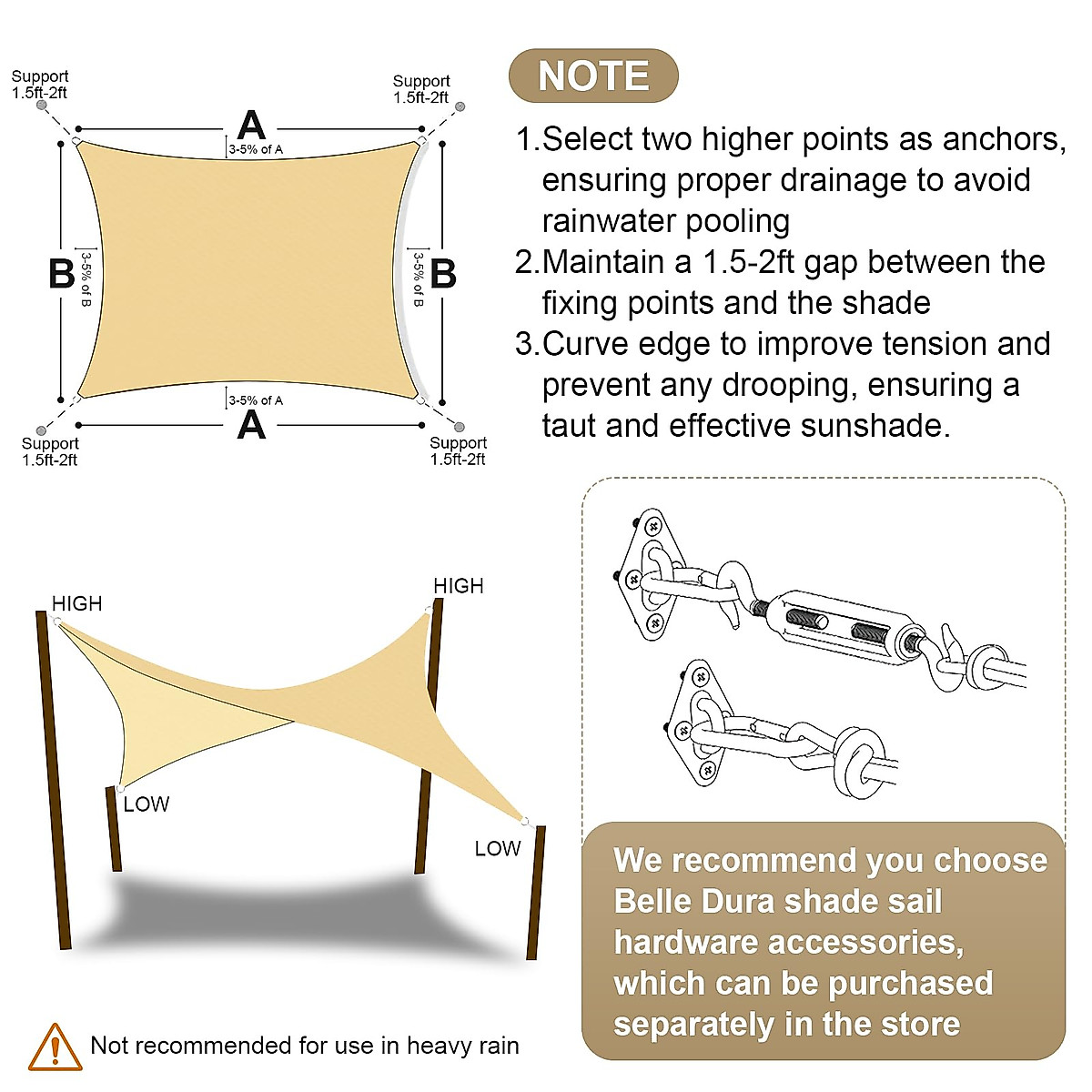 BELLE DURA 8'X10' Rectangle Sand Sun Patio Shade Sail Canopy Use for Patio Backyard Lawn Garden Outdoor Awning Shade Cover-185 GSM-Block 98% of UV Radiation-5Years Warranty