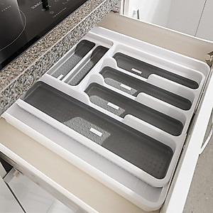Addis Expandable Drawer Organiser Cutlery Utensil Tray with 6-8 Compartment Holders, White/Grey, 34-58.5 x 41.5 x 5 cm