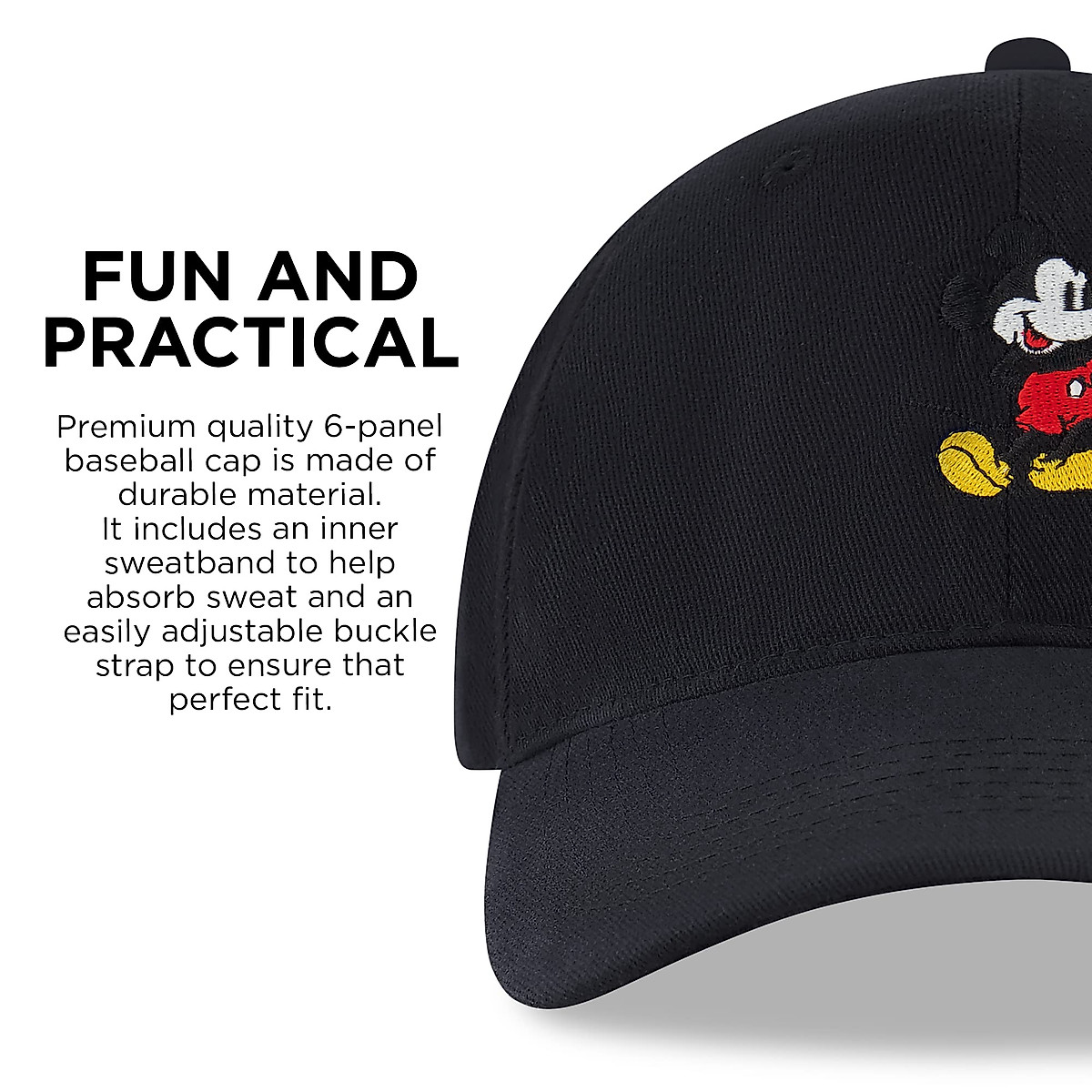 Disney Men's Baseball Cap, Mickey Mouse Adjustable Hat for Adult, Black, One Size