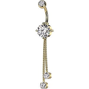 316L Surgical Steel Double Jeweled CZ With 2 Rope Chain Dangle Belly Button Ring (Gold)