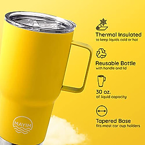 Mayim Large Travel Coffee Mug Tumbler with Clear Slide Lid and Handle, Reusable Vacuum Insulated Double-Wall Stainless-Steel Thermos, Fits in Cup Holder, 30oz., Neon Yellow