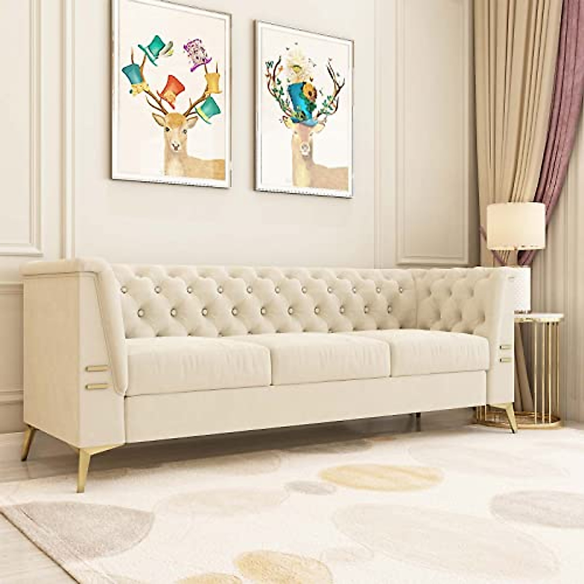 Lunanniu Beige Velvet Couch Sofa, 82" Mid-Century Modern 3 Seater Couches with Flared Arms and Removable Cushions, Upholstered Tufted Chesterfield Velvet Sofa with Gold Legs for Living Room (Beige)