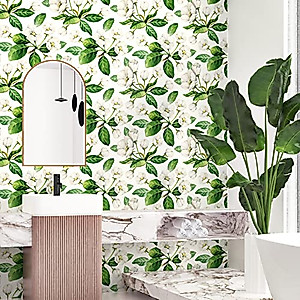 STICKEEP White Floral Peel and Stick Wallpaper Green Leaf Wallpaper 24” x 118” Removable Floral Contact Paper Peel and Stick Flower Wall Paper Vinyl Roll Wallpaper for Bedroom Walls Cabinets Shelves