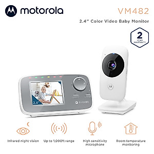 Motorola VM482 Indoor Video Baby Monitor W/Camera, 1000ft Range 2.4 GHz Wireless 2.4" Color Screen, 1-Way Audio, Manual Pan/Tilt, Digital Zoom, Sound Level Indication, Night Vision