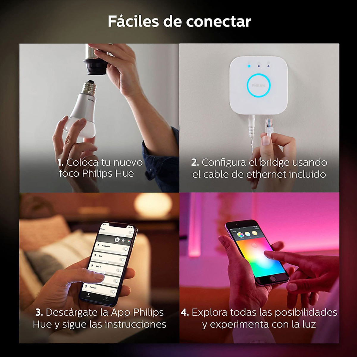 Philips Hue MAIN-54158 White & Color Ambiance LED Starter Kit-3 Multicolor A19 Bulbs, Bridge and Hue Dimmer Switch (Gen 3-Richer Colors), 1 Count (Pack of 1), Multi