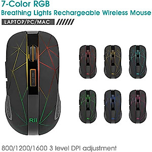Rii RM200 2.4G Wireless Mouse with USB Nano Receiver, 5 Buttons Rechargeable RGB,3 Adjustable DPI Levels,Colorful Gaming Mouse for Notebook,PC,Computer-Black