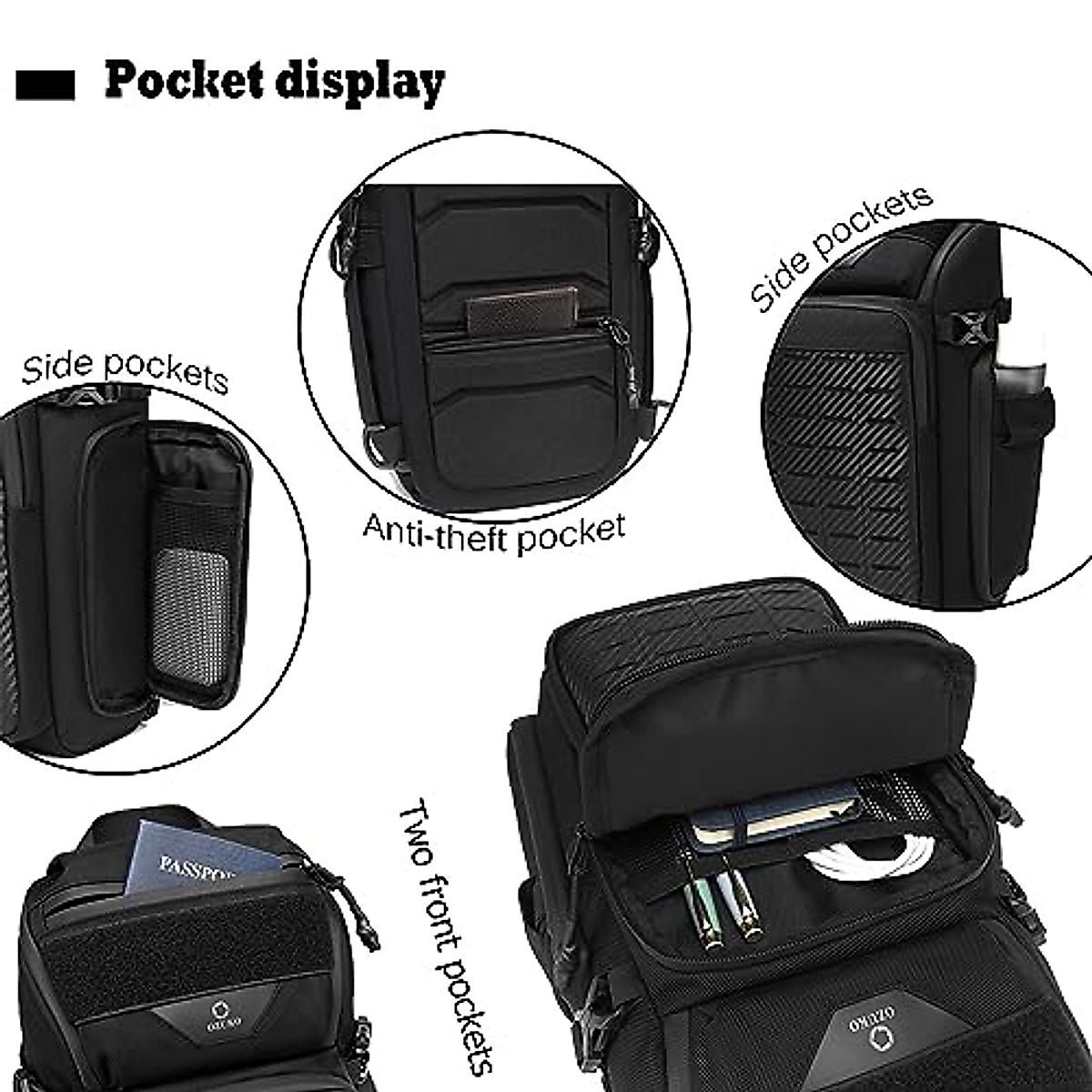 OZUKO Sling Bag, Chest Shoulder Backpack Crossbody Bag for 11-inch iPad Pro, Water-resistant Lightweight Daypack with 6 Pockets for Travel, Work, Sport, 8L (Black 3.0)