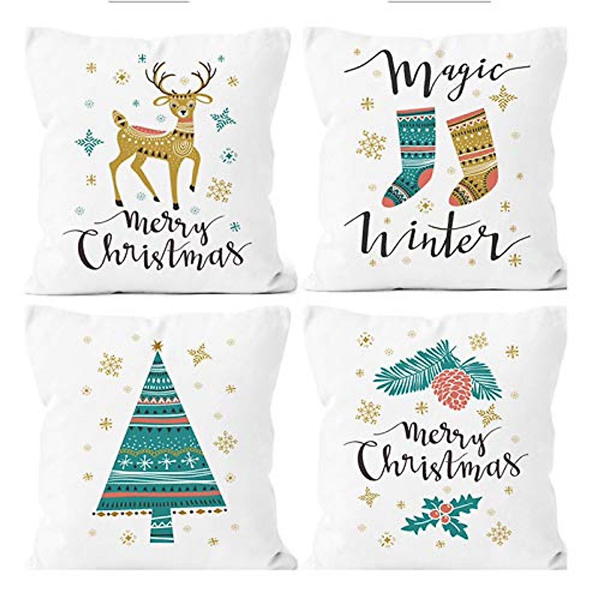 Scceatti Christmas Throw Pillow Covers 4 Pack 18x18 in Cotton Farmhouse Pillow Cover with Zipper Deer Reindeer Aesthetic Theme Fashion Pillow Cases Protector for Couch Bed Living Room Decor Gifts