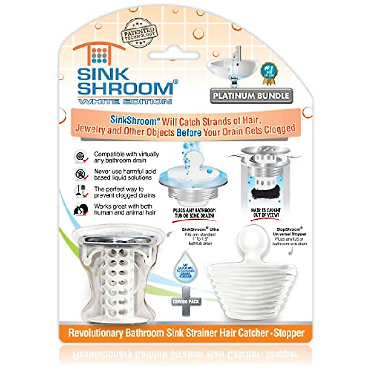 SinkShroom Revolutionary Bathroom Sink Drain Protector Hair Catcher, Strainer, Snare, White Chrome with Stopper