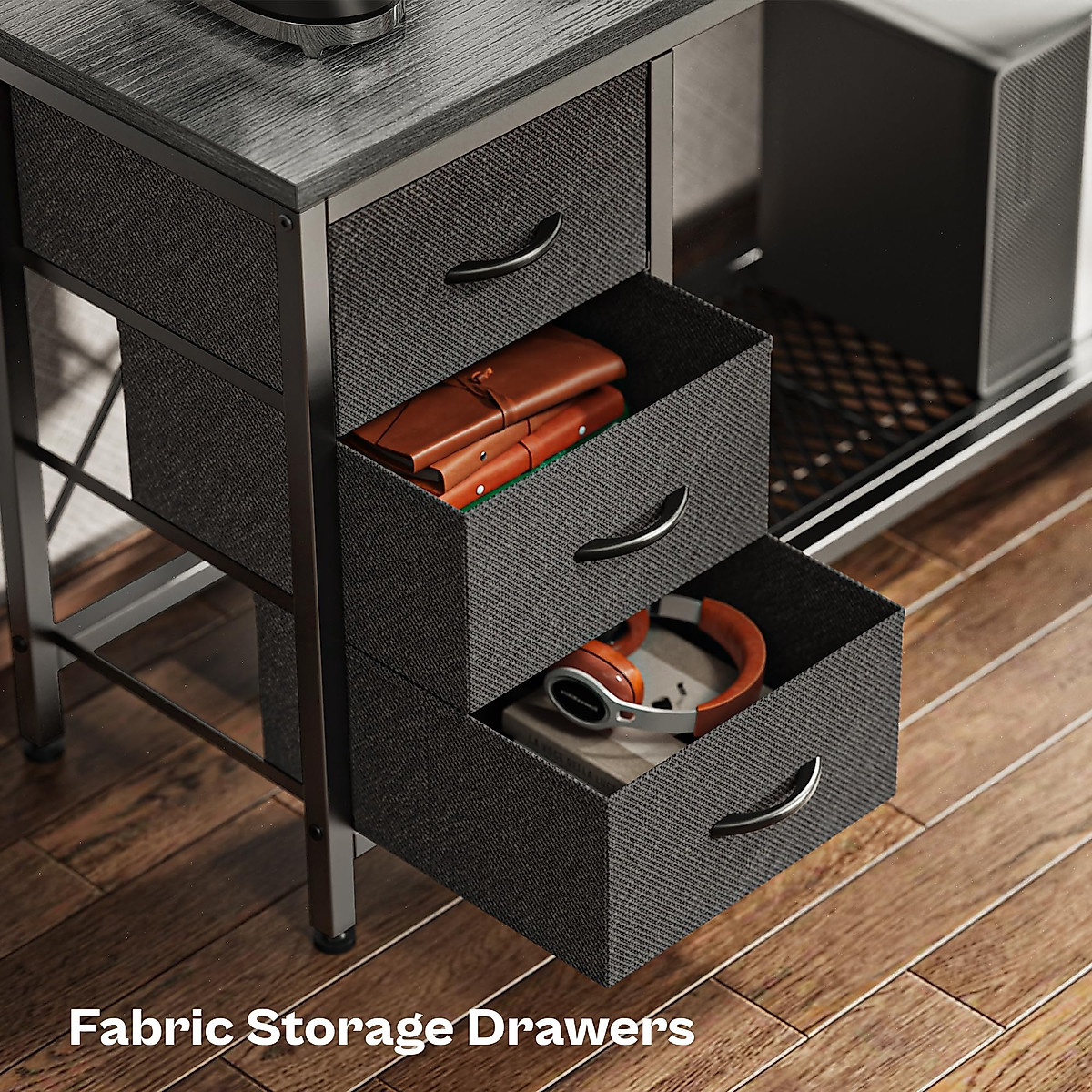 Huuger Reversible L Shaped Computer Desk with Drawers, Gaming Desk with LED Lights and Power Outlets, Office Desk with Storage Shelves, Corner Desk with Monitor Stand, for Home & Office, Gray