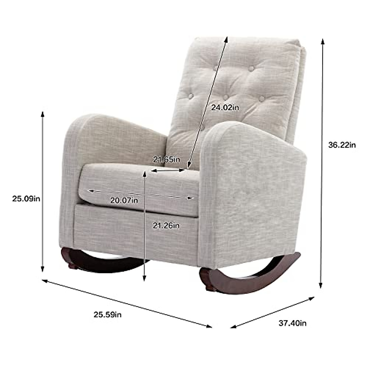 Modern Accent Rocking Chair, Upholstered Nursery Glider Rocker for Baby and Kids, Comfy Armchair with Side Pocket, Living Room Lounge Arm Chair, High Backrest with Decorative Buttons, Light Grey