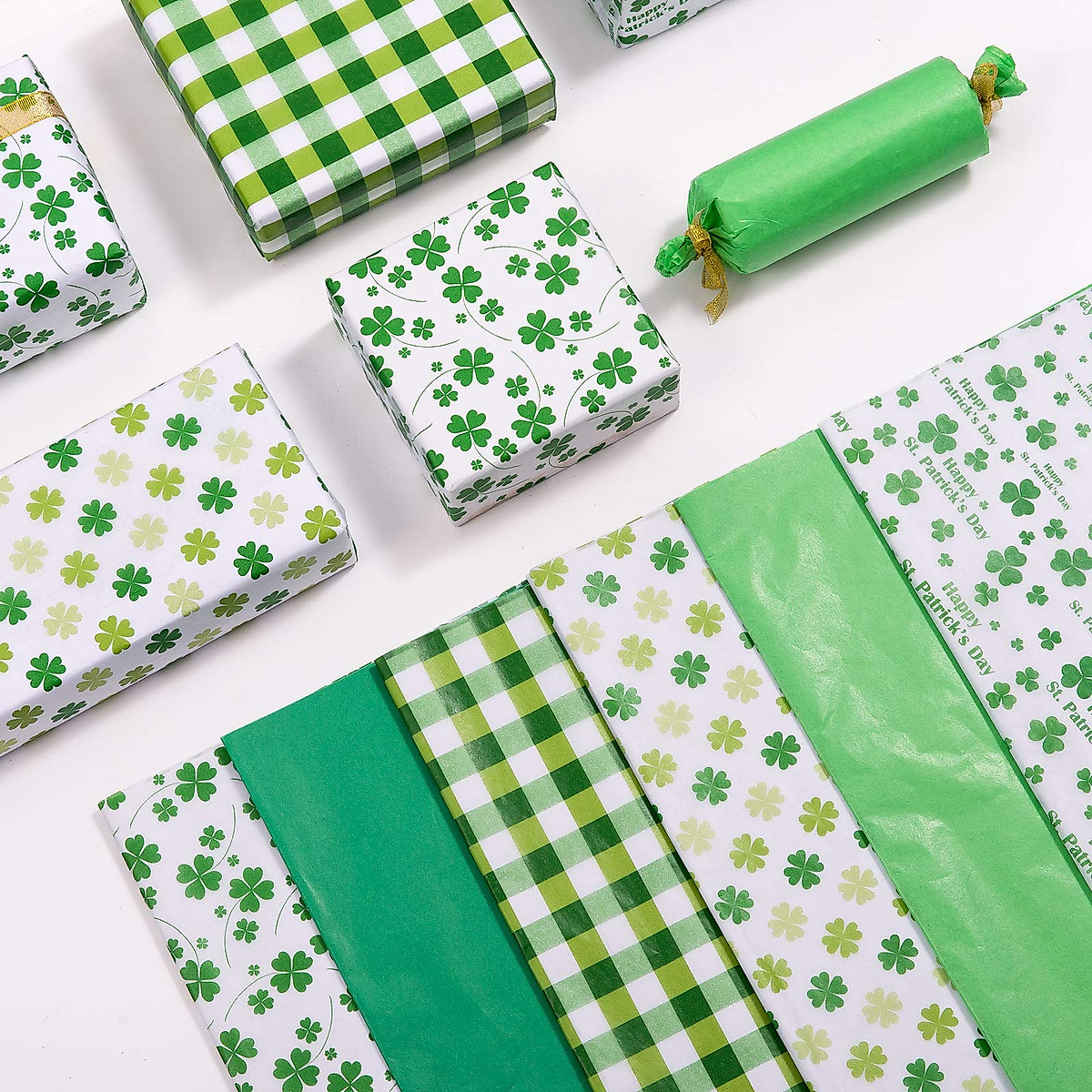 Whaline St. Patrick's Day Tissue Paper 90 Sheet Green Plaid Shamrock Clover Pattern Art Tissue Bulk Irish Spring Holiday Wrapping Paper for DIY Crafts Party Gift Bag Packing Birthday Favors, 14 x 20"