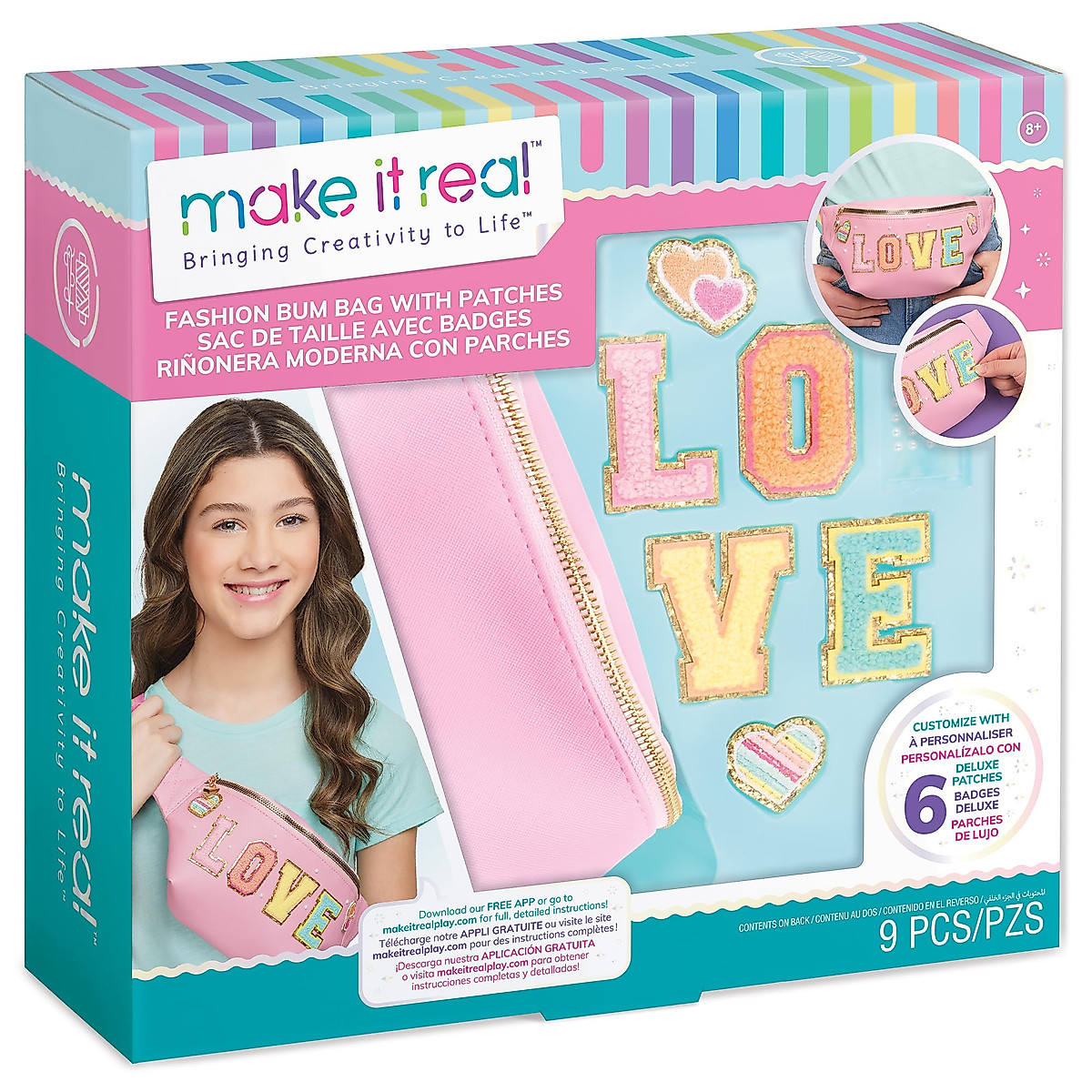 Make It Real: Fashion Bum Bag with Patches - 9 pcs, Pink Zipper Bag with Rainbow Band, DIY Customize, Love Patches, Tweens, Girls & Kids Ages 8+